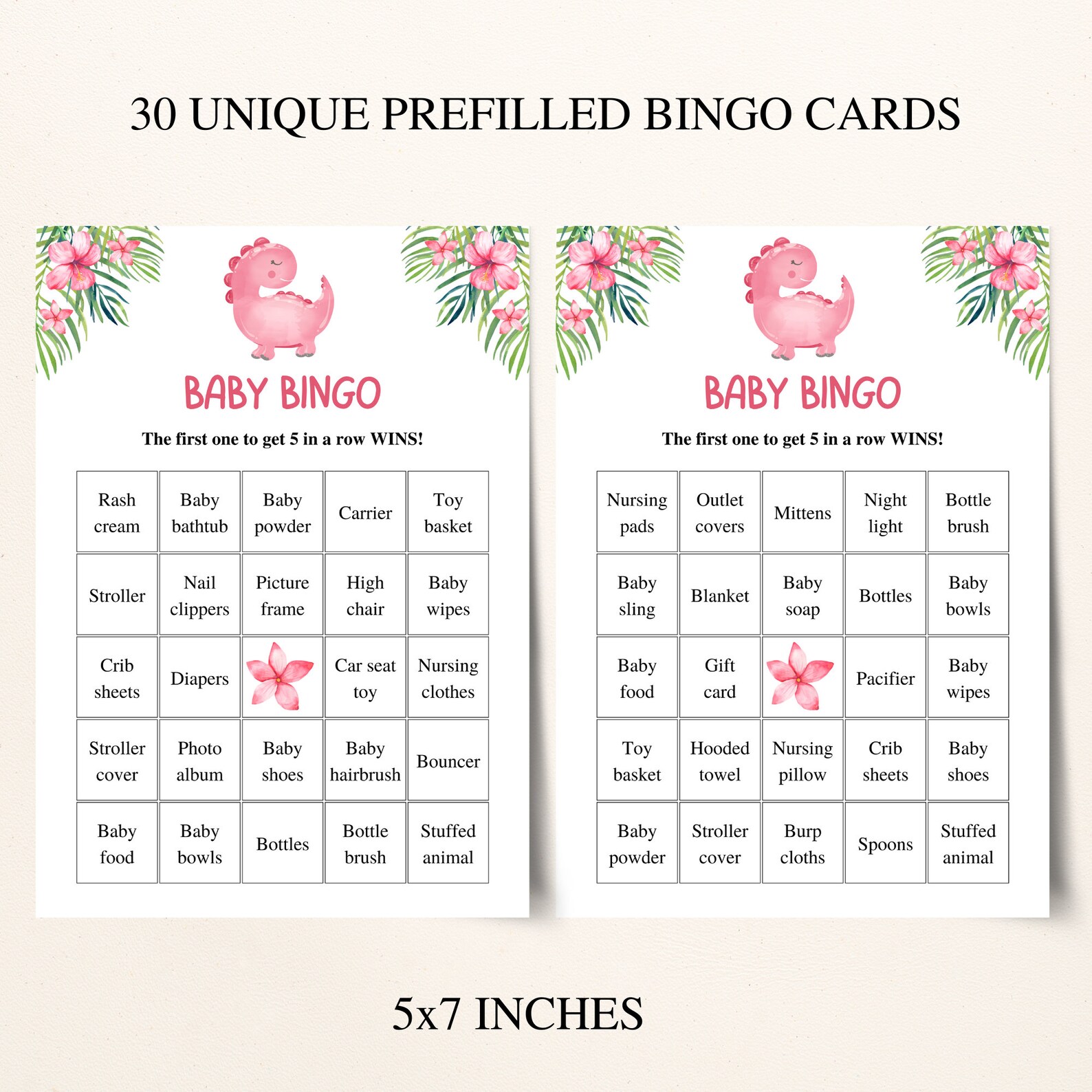 30 Printable Pink Dinosaur Baby Shower Bingo Cards 5x7'' Prefilled Baby ...