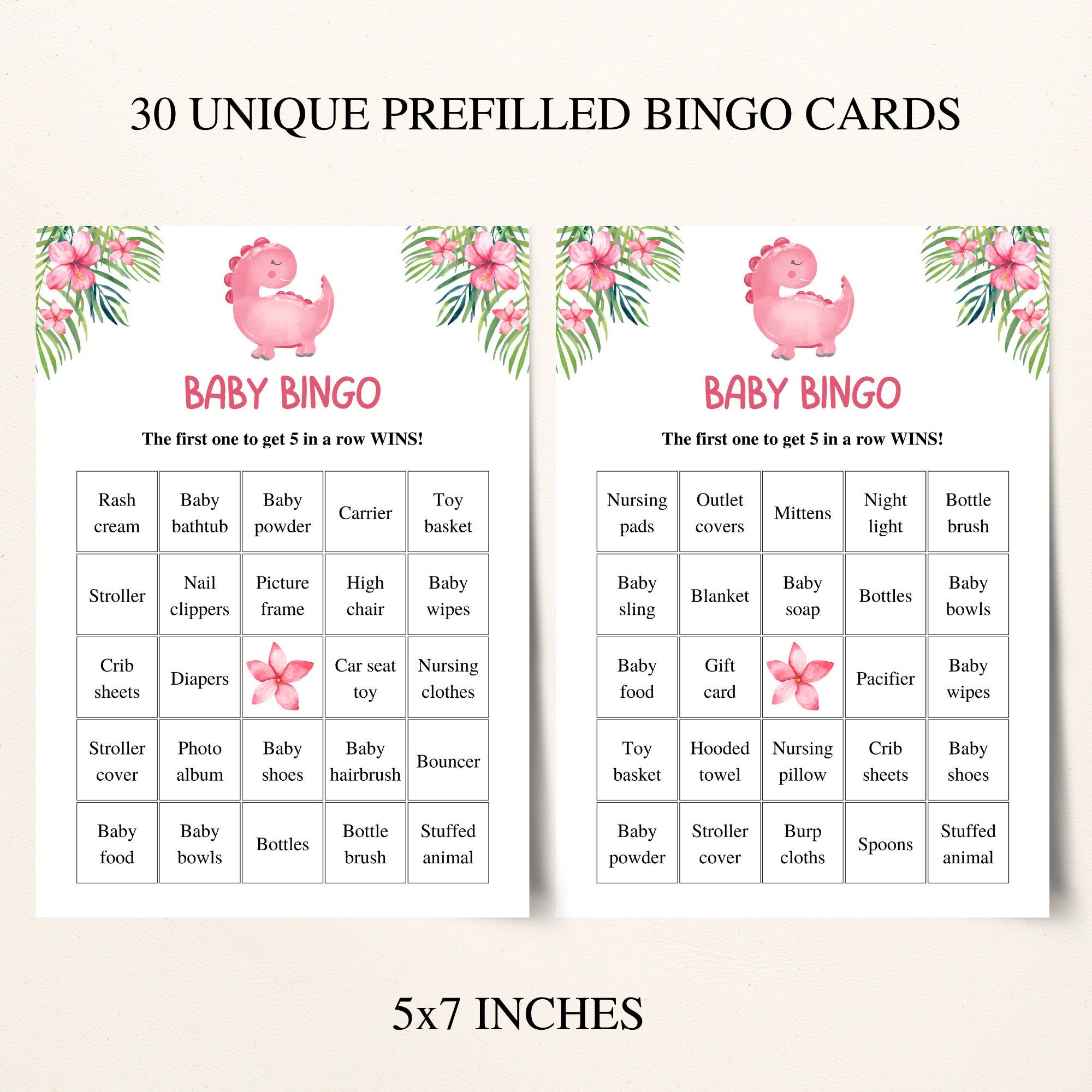 30 Printable Pink Dinosaur Baby Shower Bingo Cards 5x7'' Prefilled Baby ...