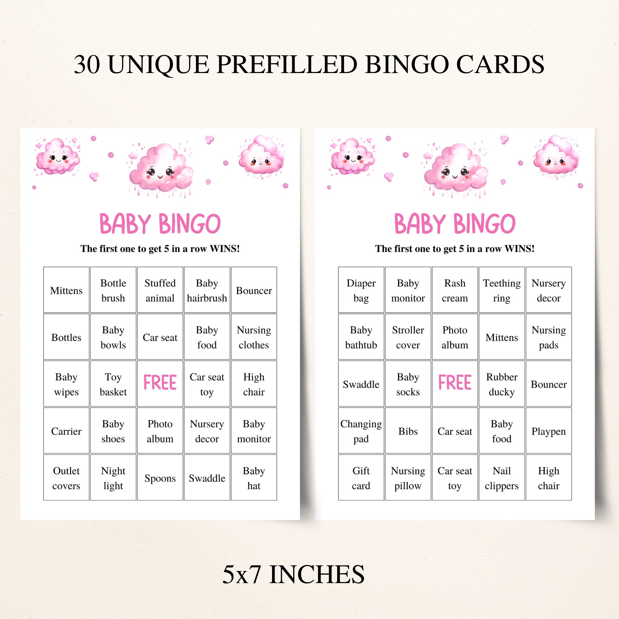 30 Printable Cloud Baby Shower Bingo Cards | 5x7'' Prefilled Baby Bingo ...
