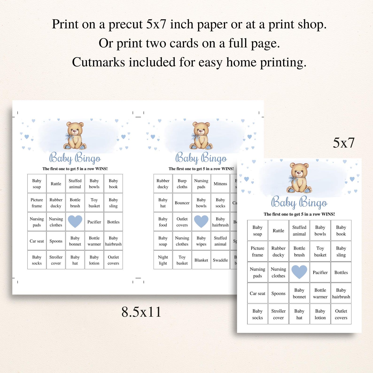 100 Printable Teddy Bear Baby Shower Bingo Cards, Prefilled Baby Shower ...