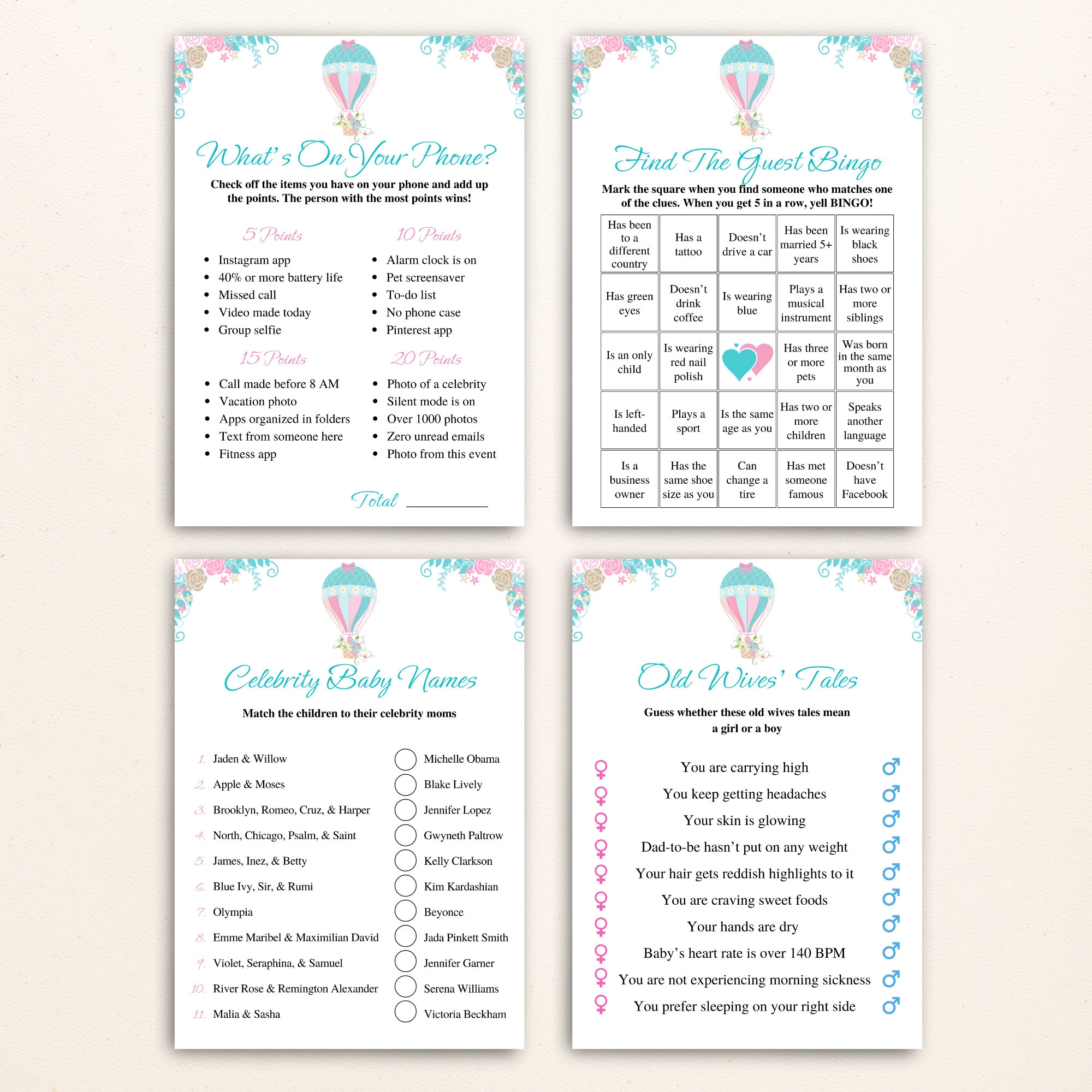 12 Printable Hot Air Balloon Gender Reveal Games: He or She Gender Reveal Games, Pink & Blue ...