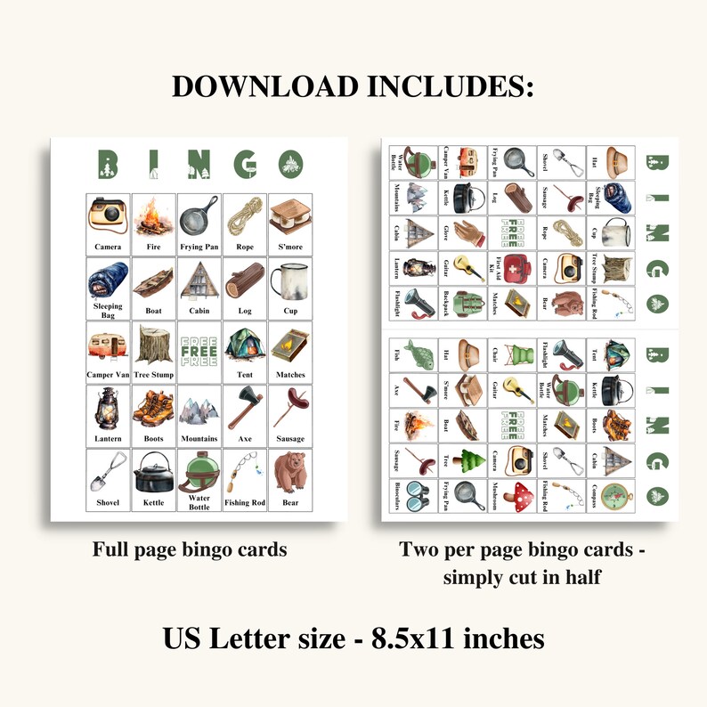 50 Printable Camping Bingo Cards | Camping Themed Picture Bingo Cards ...