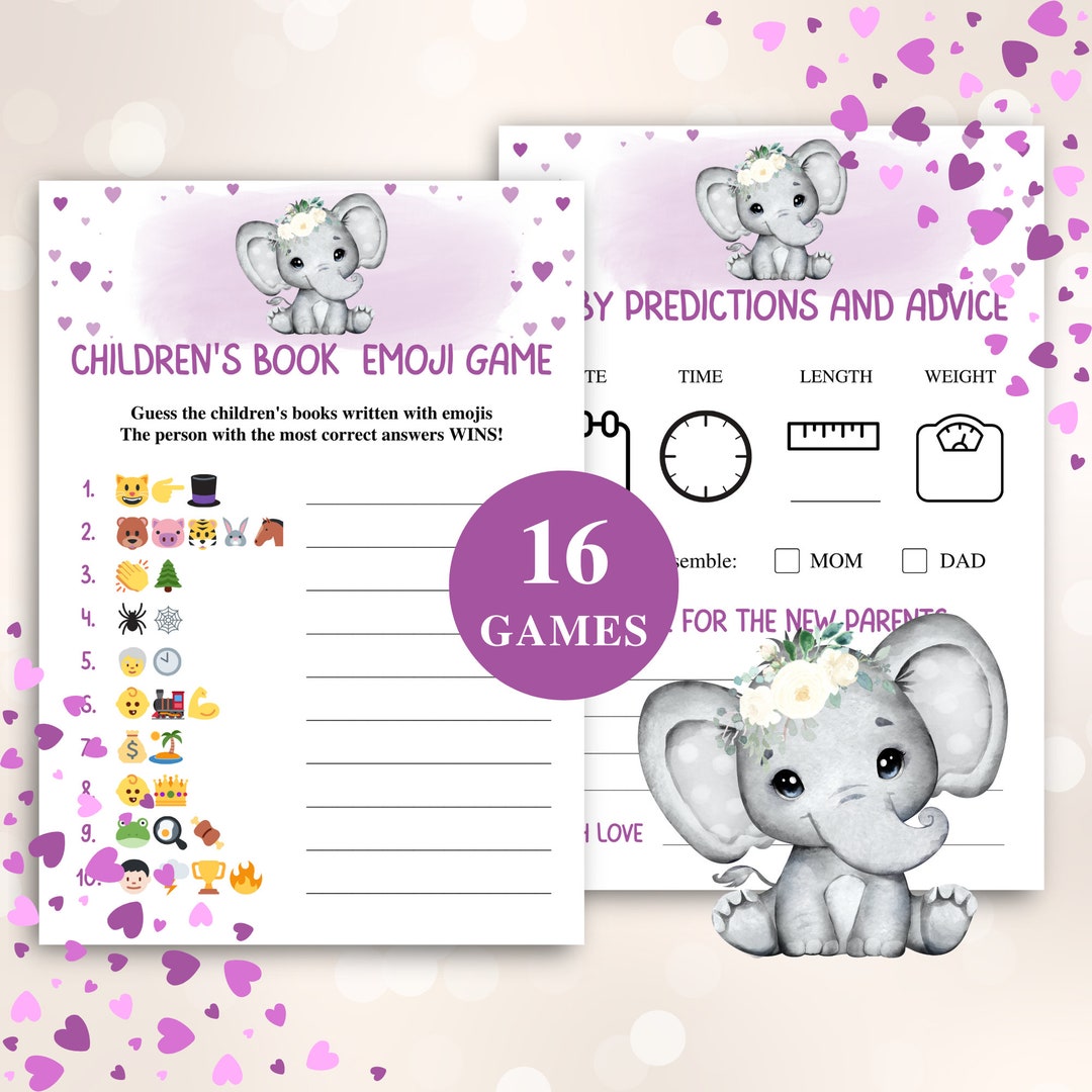 16 Printable Elephant Baby Shower Games, Purple Baby Shower Game Bundle ...