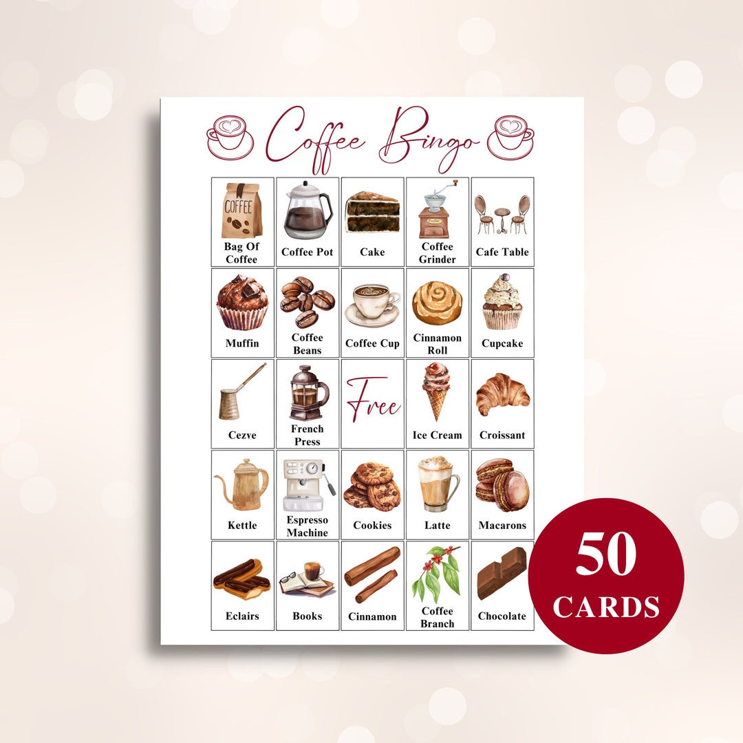 50 Printable Coffee Picture Bingo Cards, Coffee Bingo Cards, Coffee ...