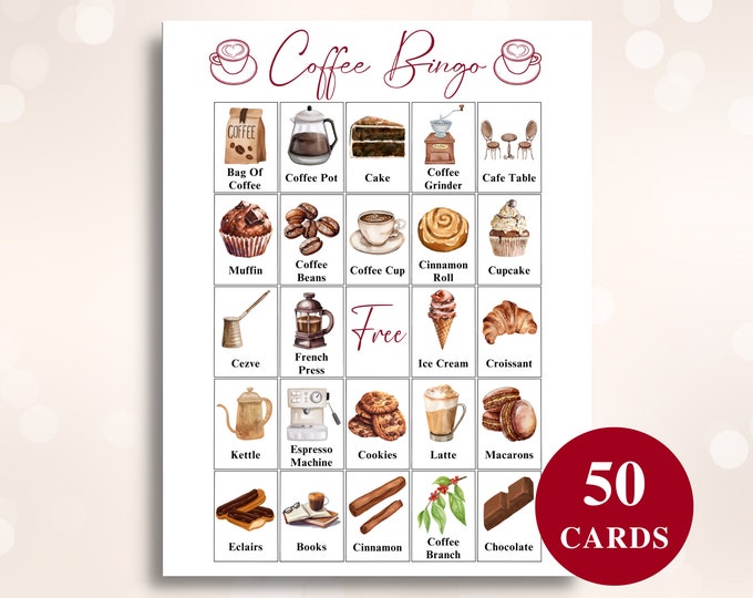 Coffee Bingo Cards: Printable Bingo Cards, Color Pictures, 50 Cards ...