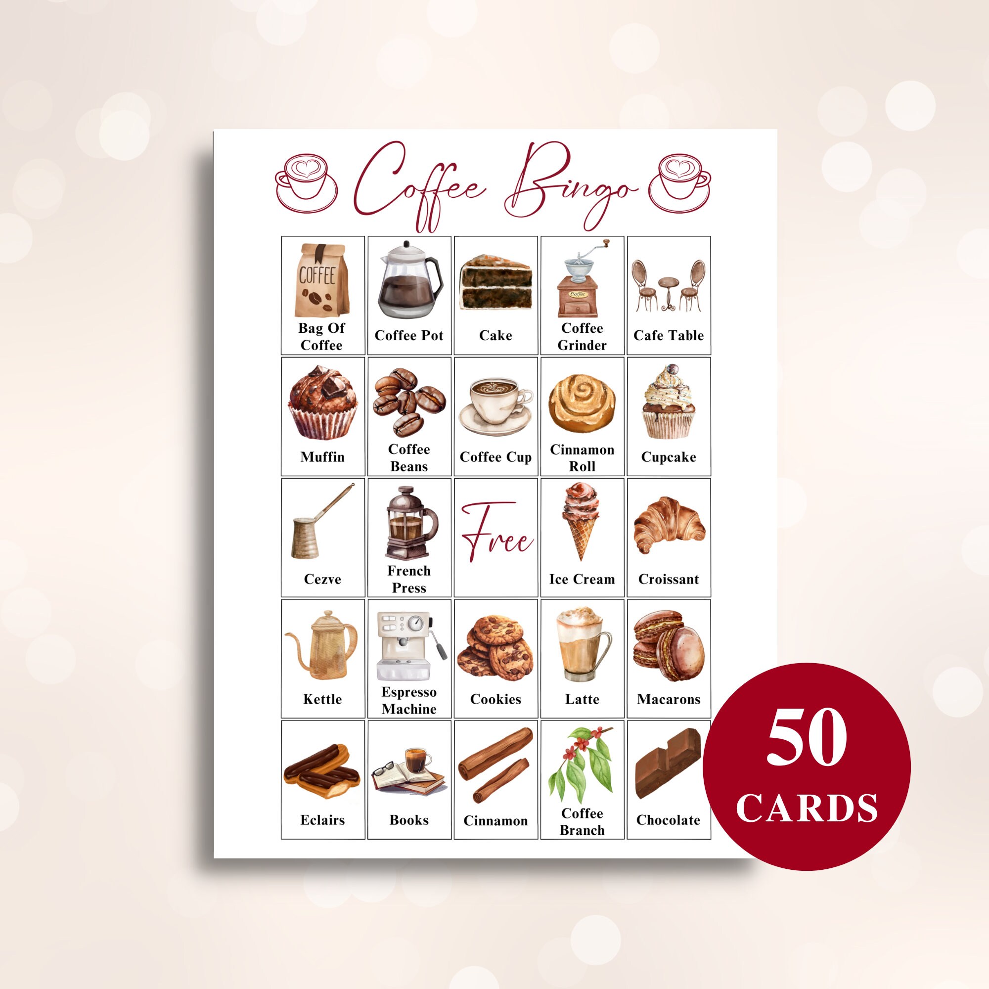 50 Printable Coffee Picture Bingo Cards, Coffee Bingo Cards, Coffee ...