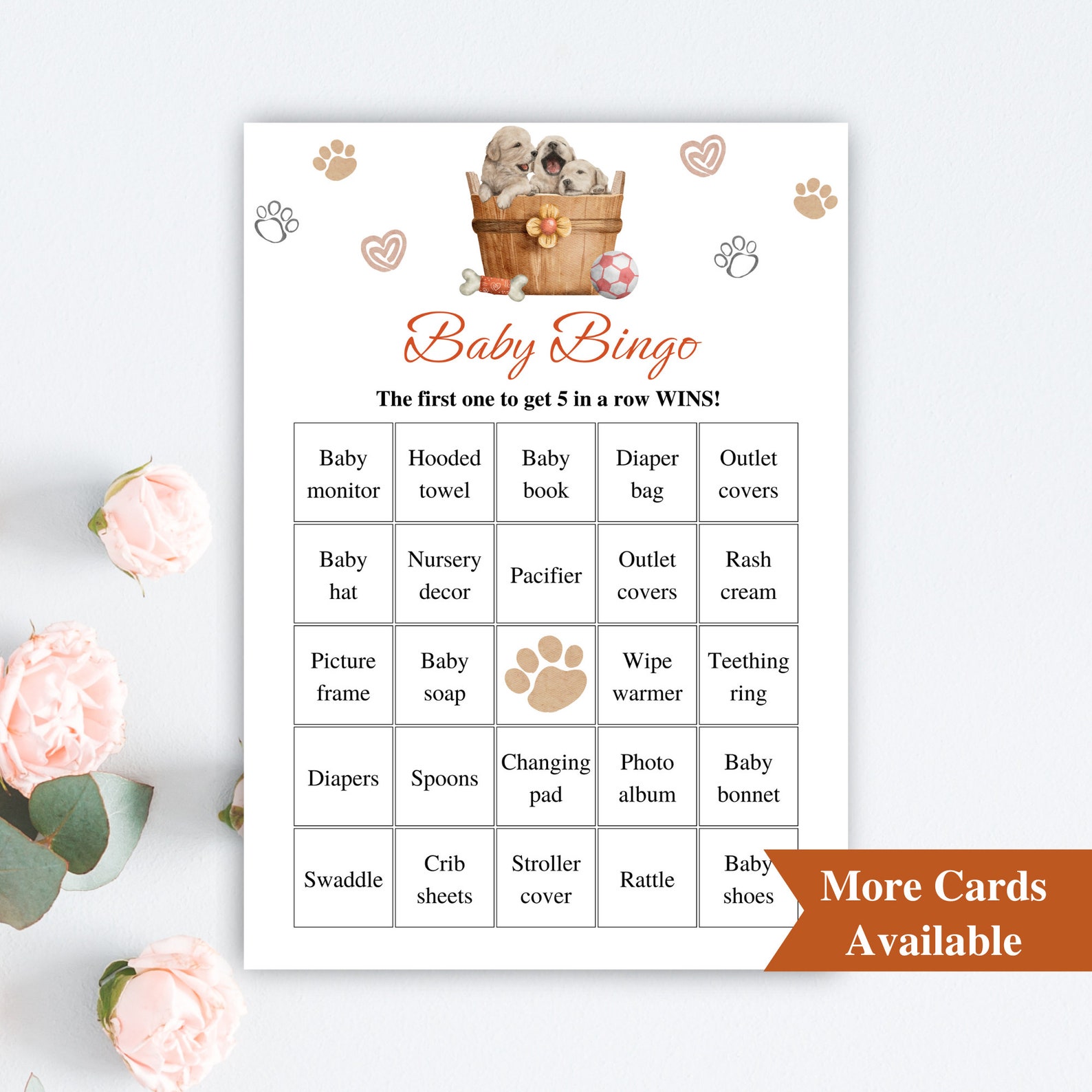 30 Printable Puppy Baby Shower Bingo Cards | 5x7'' Prefilled Baby Bingo ...