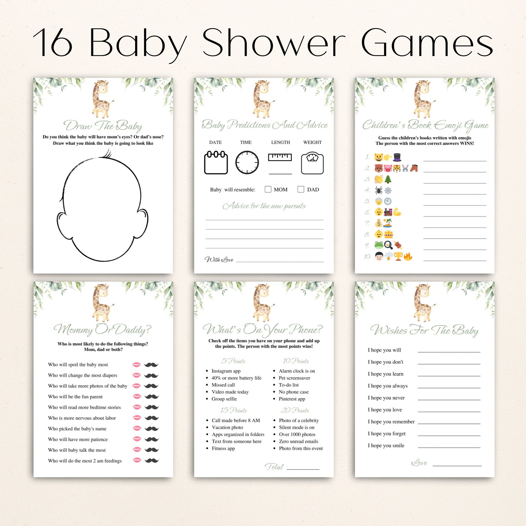 16 Printable Giraffe Baby Shower Games Safari Baby Shower Game Bundle ...