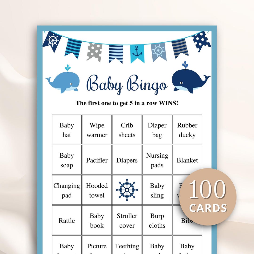 100 Printable Whale Baby Shower Bingo Cards, Prefilled Baby Shower Gift ...