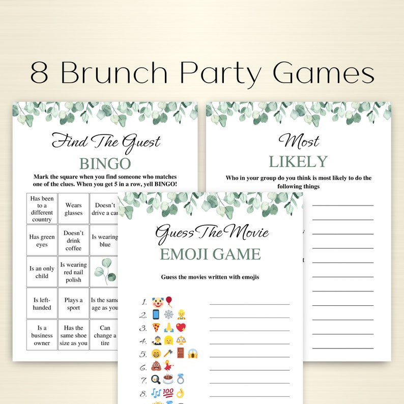 8 Printable Brunch Games for Adults: Eucalyptus Theme Birthday Games ...