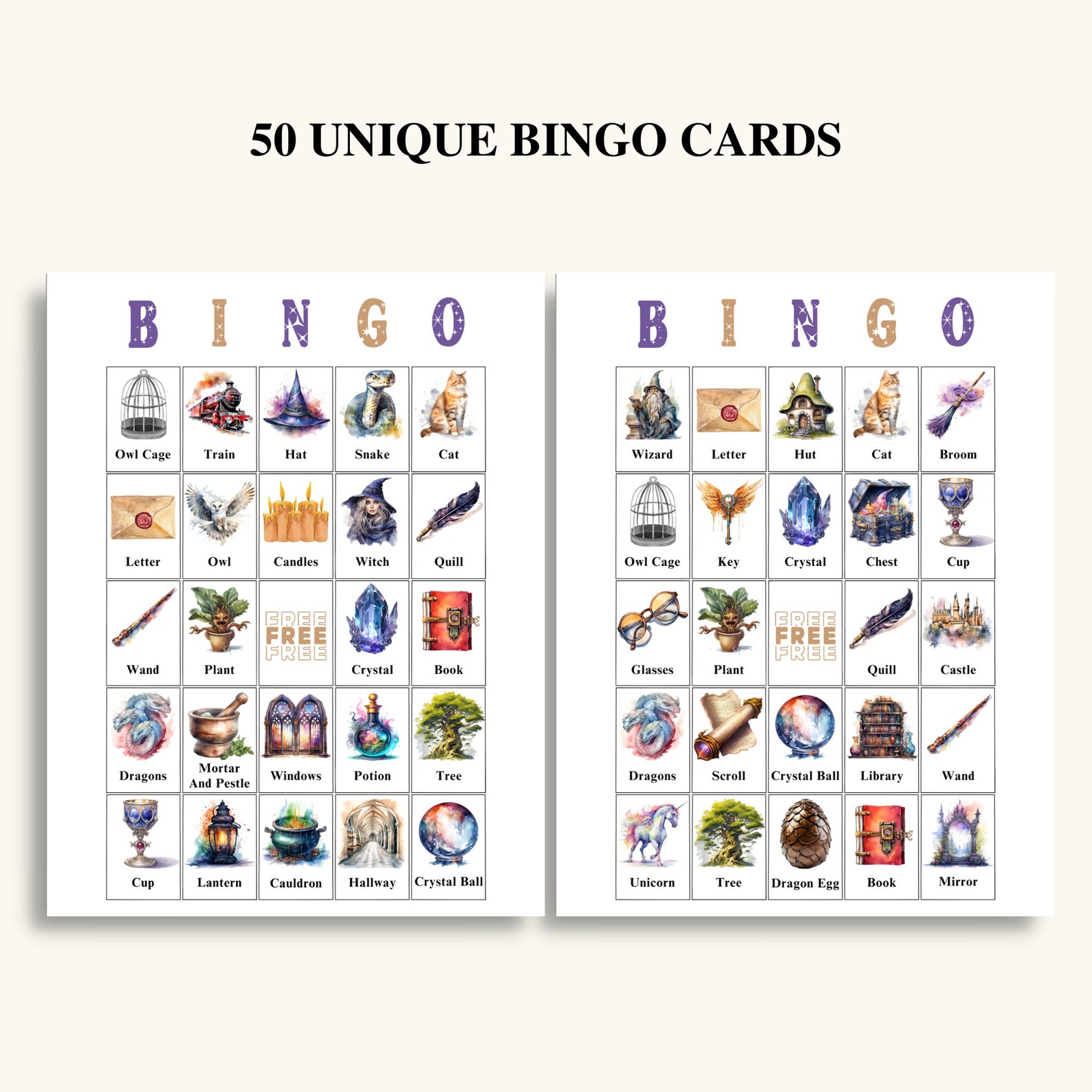 50 Printable Magic Bingo Cards | Magic Picture Bingo | Wizard Birthday ...