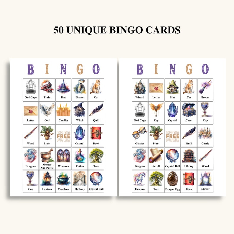 50 Printable Magic Bingo Cards | Magic Picture Bingo | Wizard Birthday ...