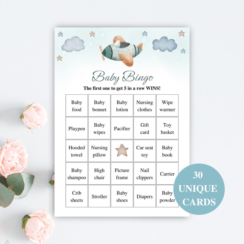 30 Printable Prefilled Baby Shower Bingo Cards Airplane Baby - Etsy