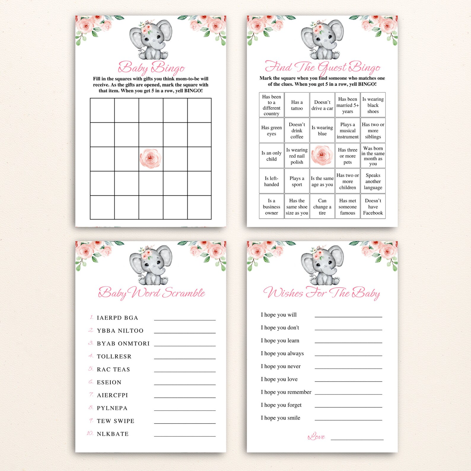 16 Printable Elephant Baby Shower Games, Floral Elephant Baby Shower ...