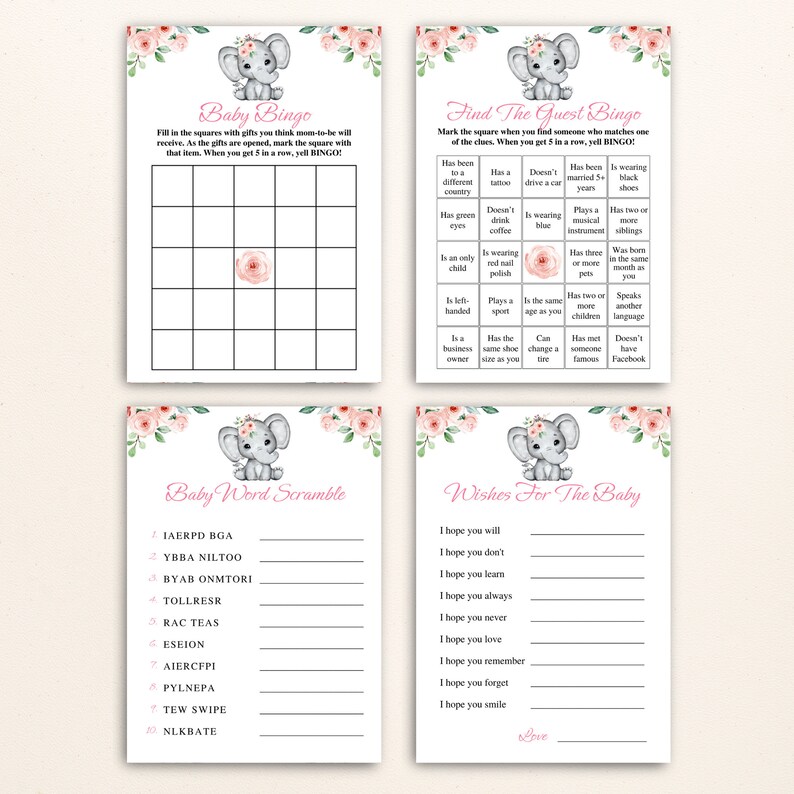 16 Printable Elephant Baby Shower Games, Floral Elephant Baby Shower ...