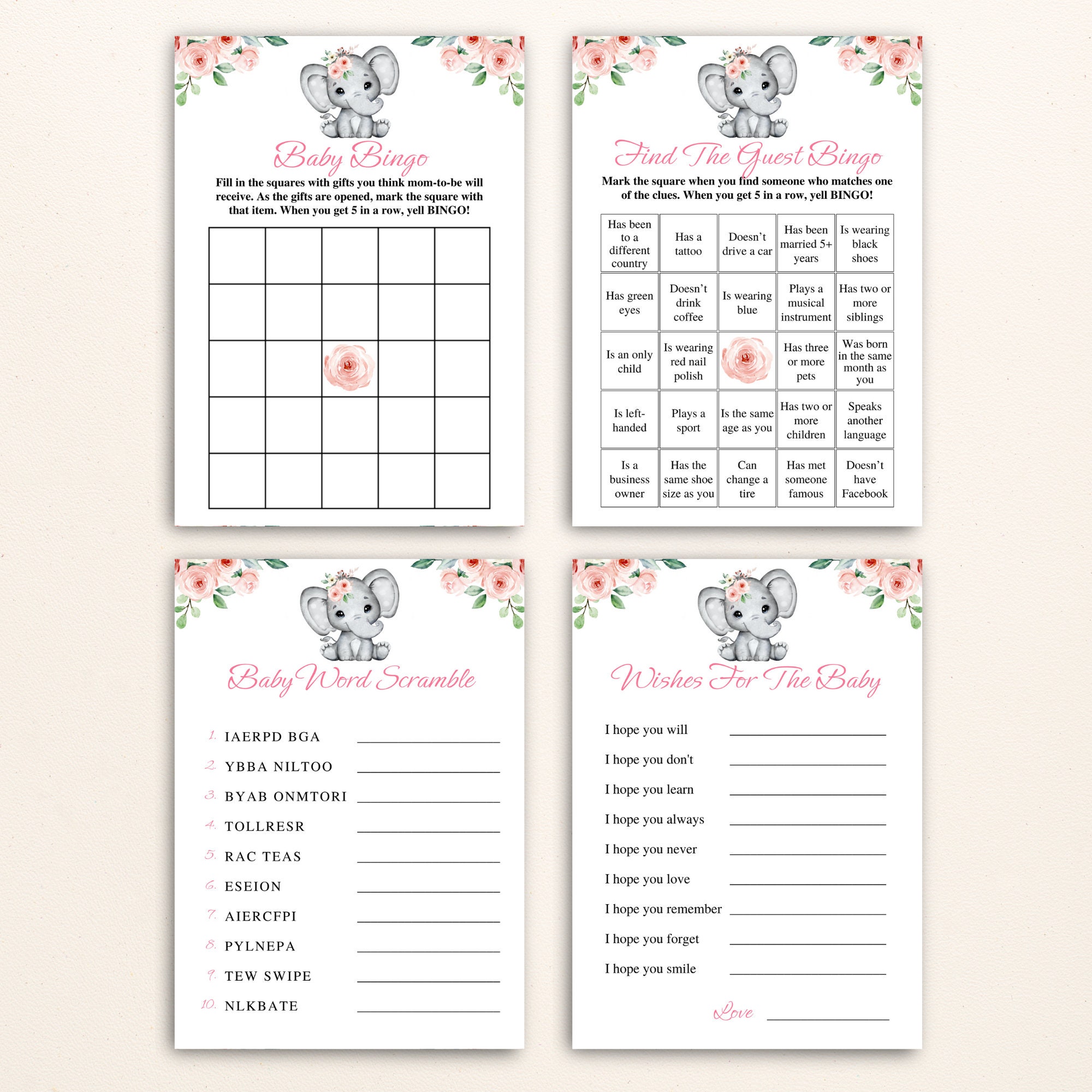 16 Printable Elephant Baby Shower Games, Floral Elephant Baby Shower ...