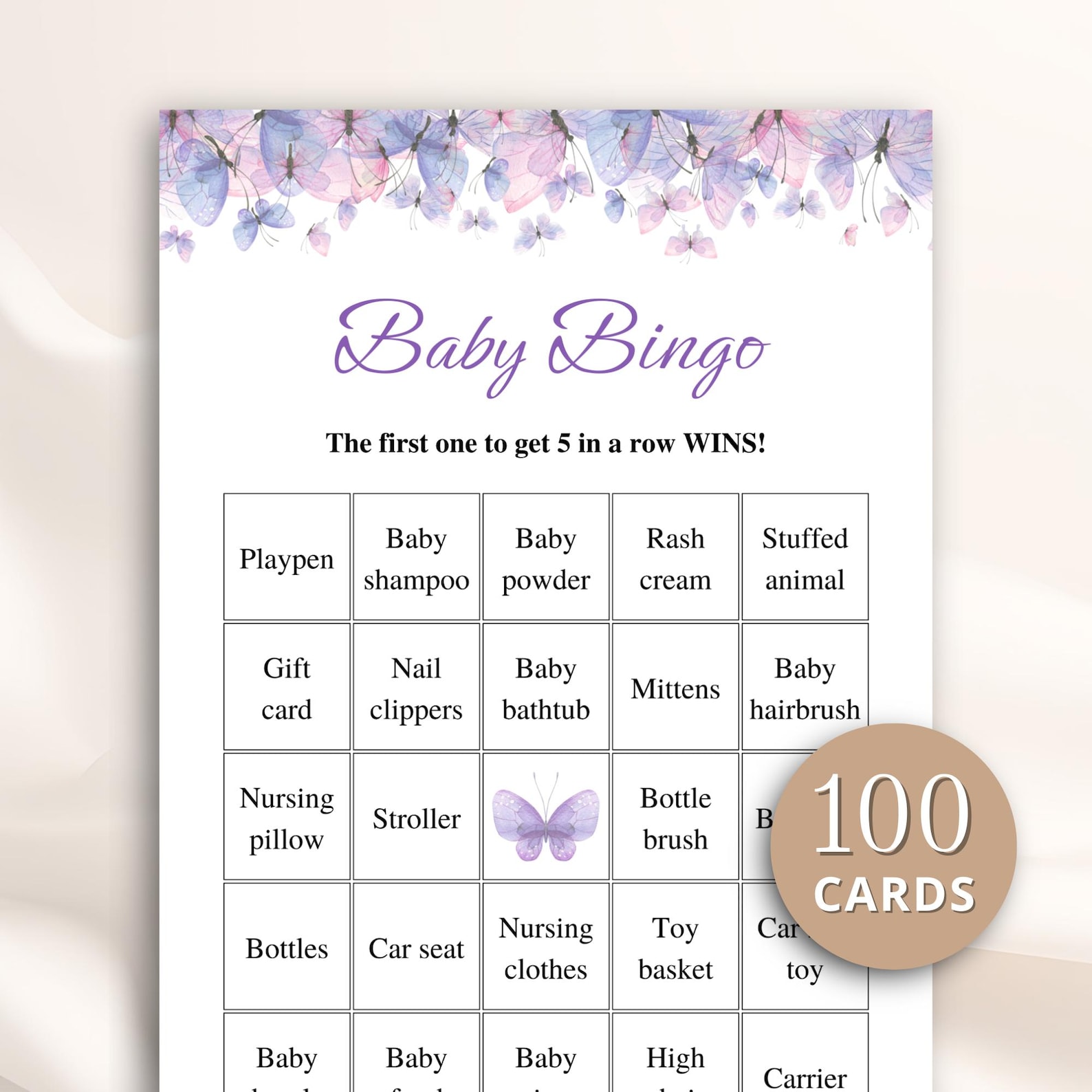 100 Printable Purple Butterfly Baby Shower Bingo Cards: Prefilled Gift ...