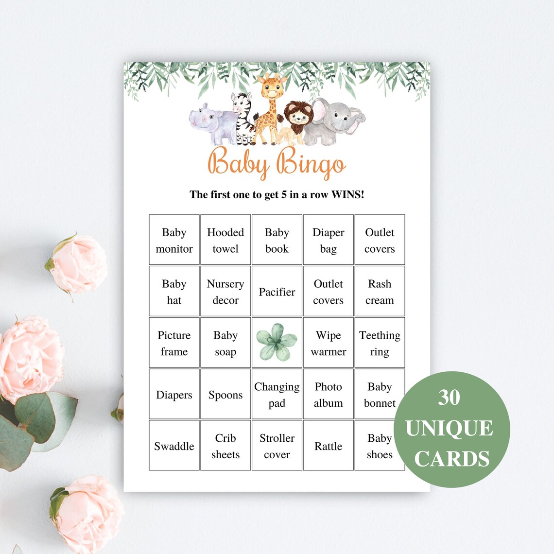 30 Printable Prefilled Baby Shower Bingo Cards Safari Baby - Etsy
