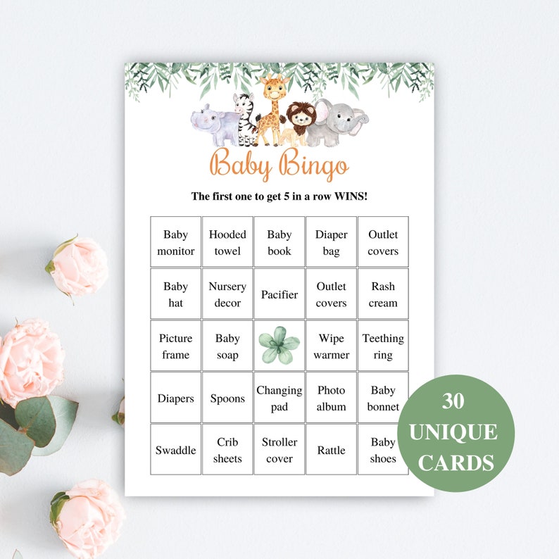 30 Printable Prefilled Baby Shower Bingo Cards Safari Baby - Etsy