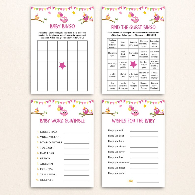 16 Printable Owl Baby Shower Games Pink Owl Baby Shower Game - Etsy