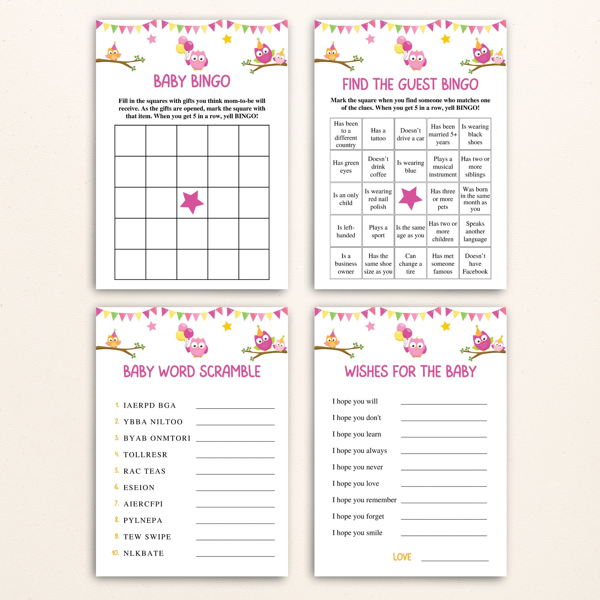 16 Printable Owl Baby Shower Games Pink Owl Baby Shower Game - Etsy