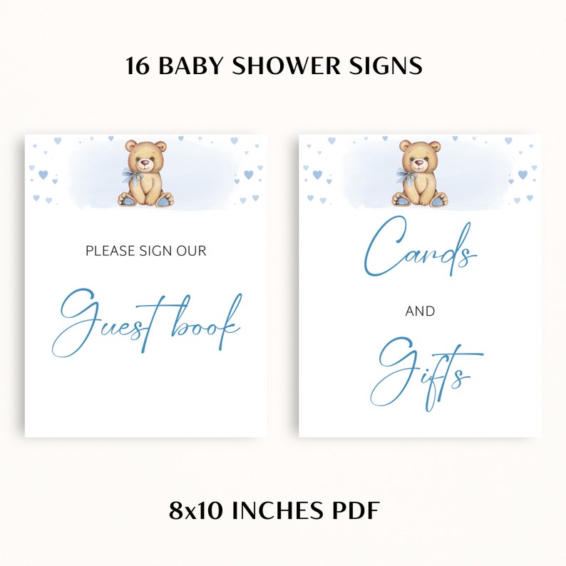 16 Printable Teddy Bear Baby Shower Table Signs, Blue Baby Shower ...