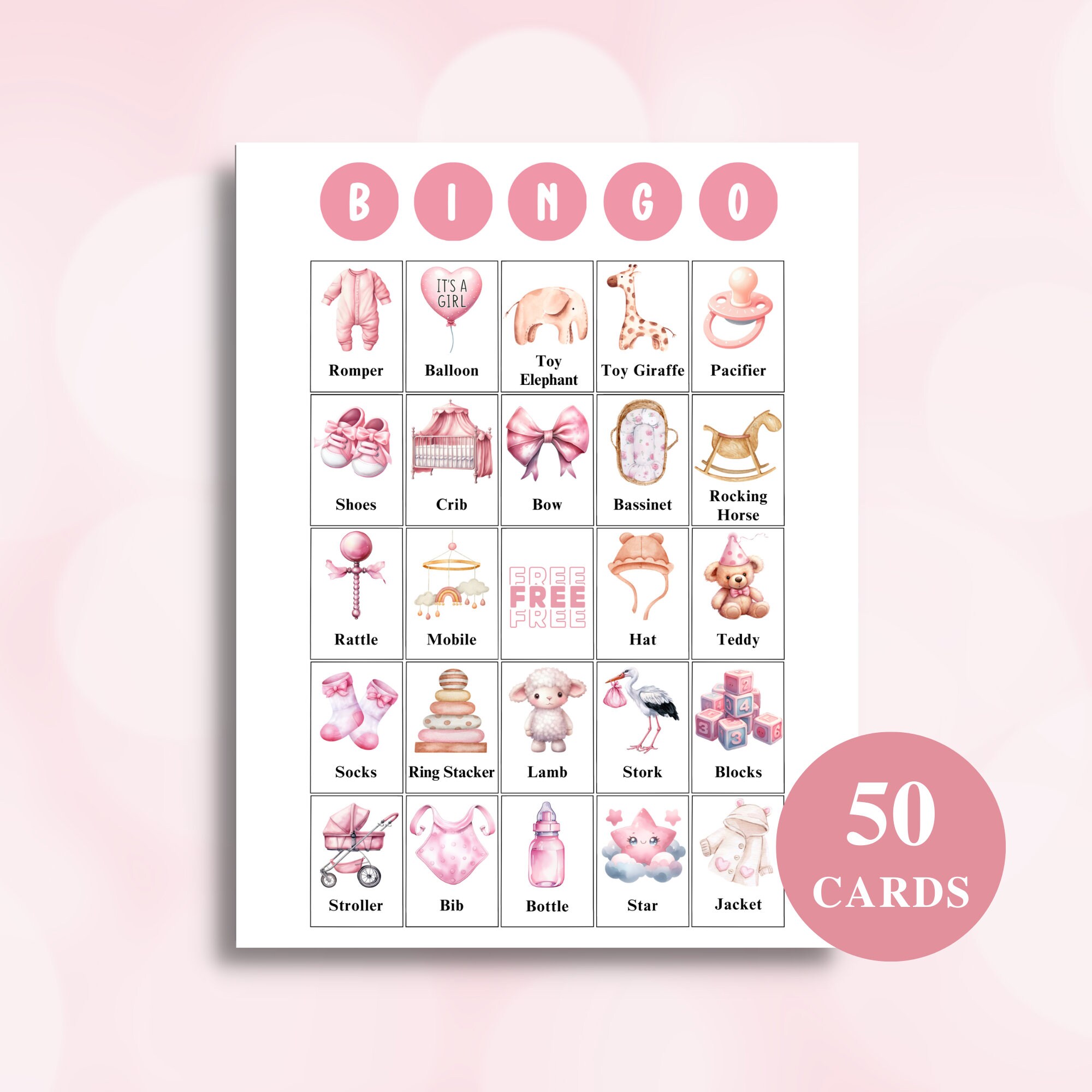 50 Printable Girl Baby Shower Bingo Cards Baby Shower Picture Bingo ...