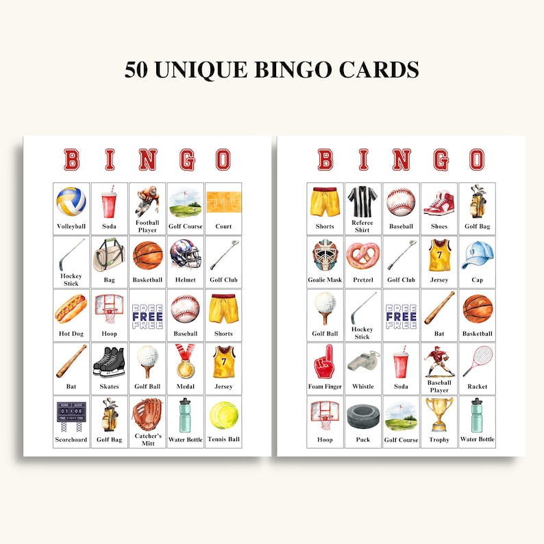 50 Printable Sports Bingo Cards | Sports Themed Picture Bingo ...