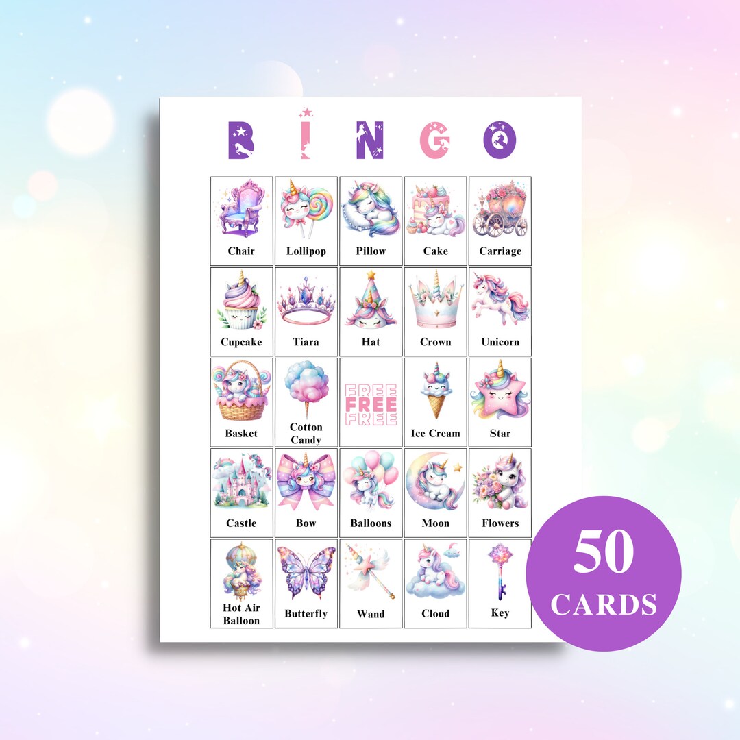 50 Printable Unicorn Picture Bingo Cards, Unicorn Birthday Party Games ...