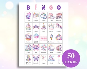 50 Printable Unicorn Picture Bingo Cards, Unicorn Birthday Party Games ...