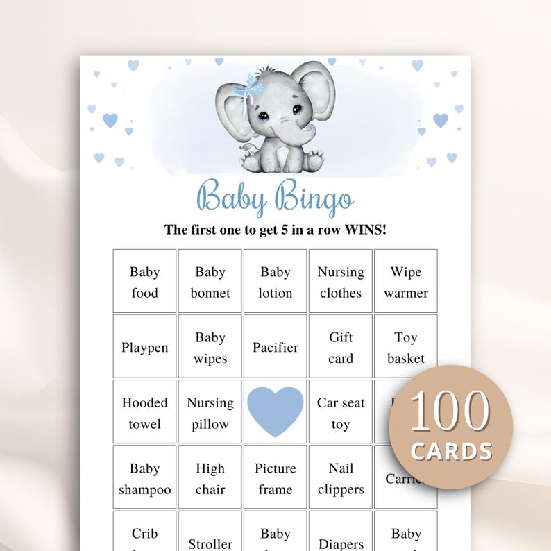 100 Printable Blue Elephant Baby Shower Bingo Cards, Prefilled Baby ...