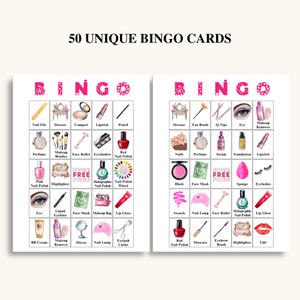 50 Printable Makeup Bingo Cards | Makeup Themed Picture Bingo | Slumber Party Games | Birthday ...