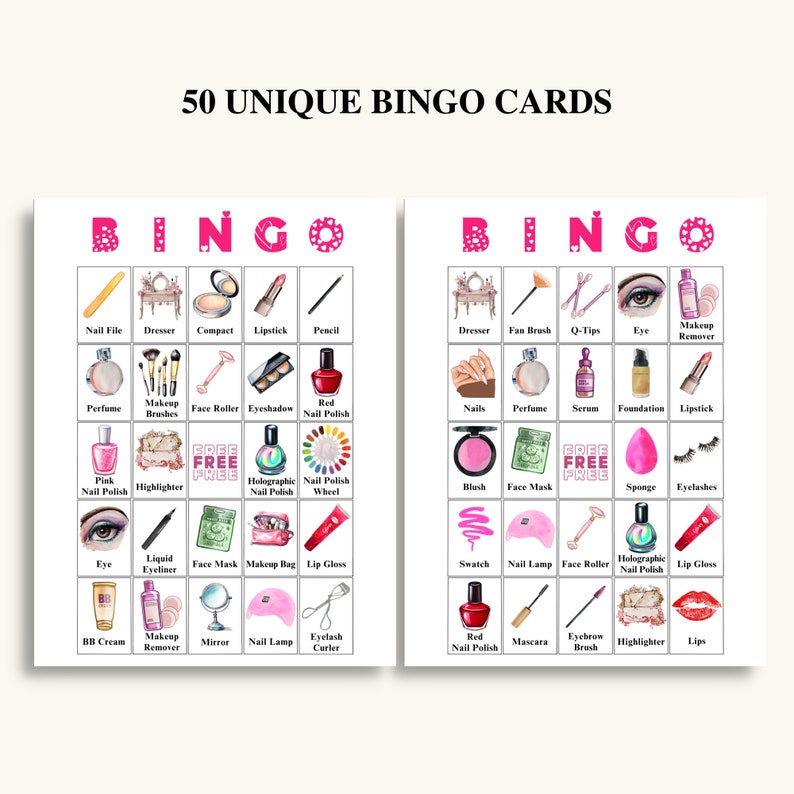 50 Printable Makeup Picture Bingo Cards, Slumber Party Games, Birthday ...