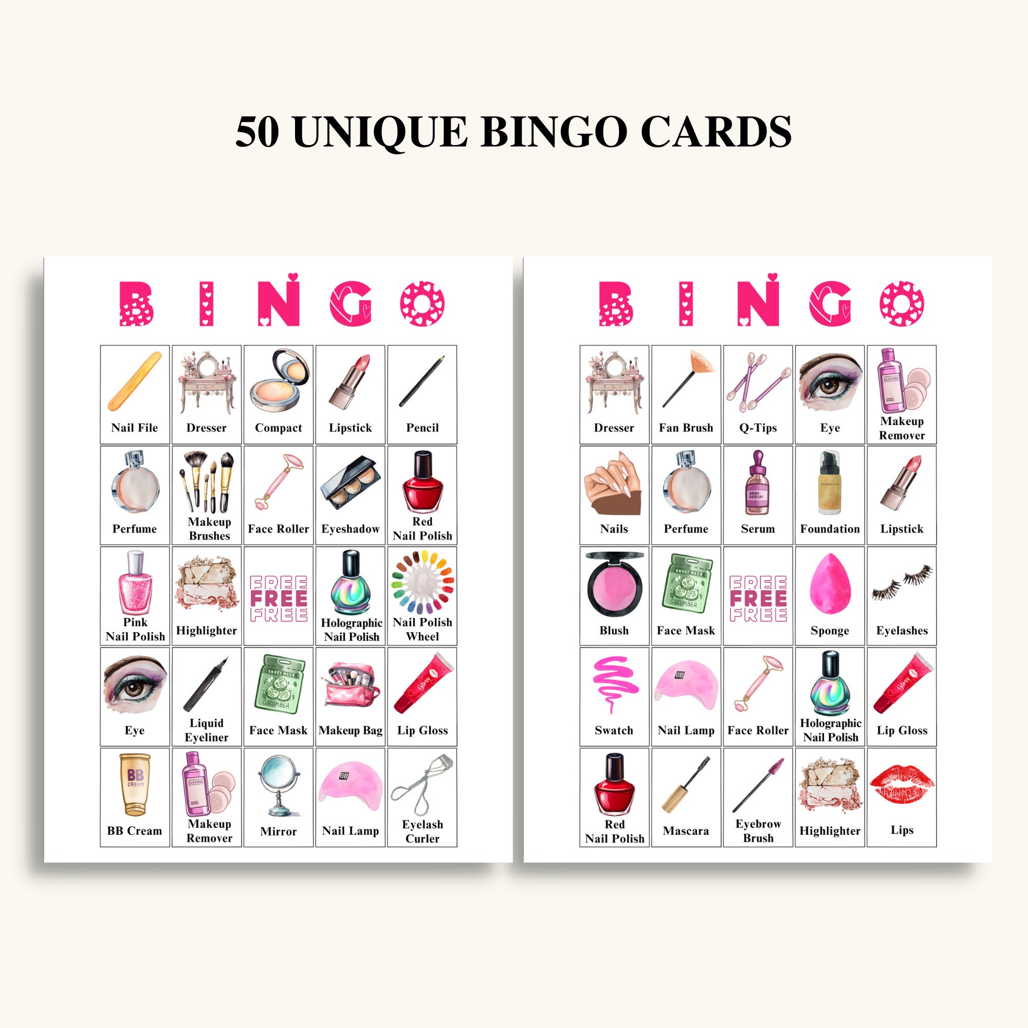 50 Printable Makeup Bingo Cards Makeup Themed Picture Bingo Slumber Party Games Birthday Party ...