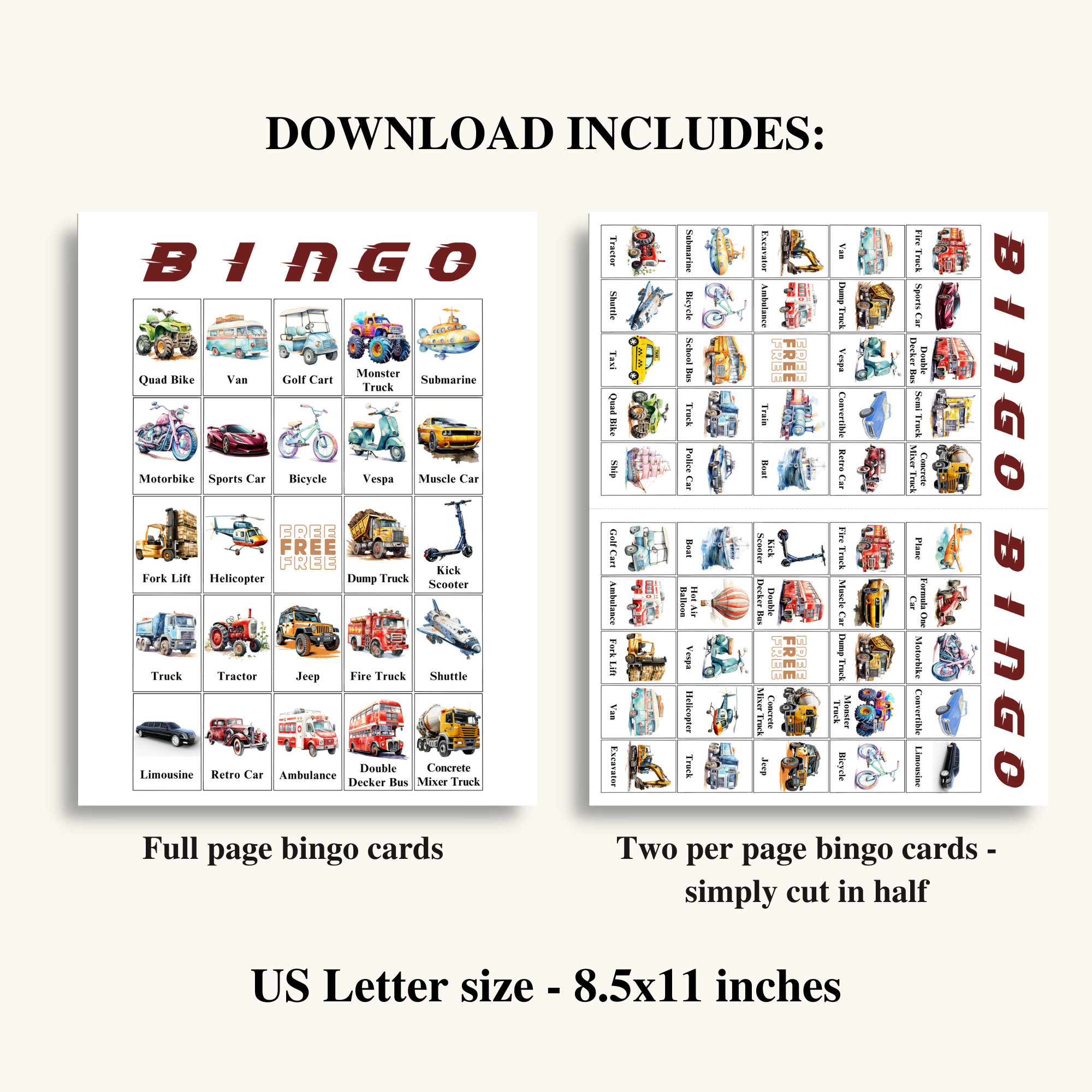 50 Printable Vehicle Bingo Cards Transport Picture Bingo Vehicle ...