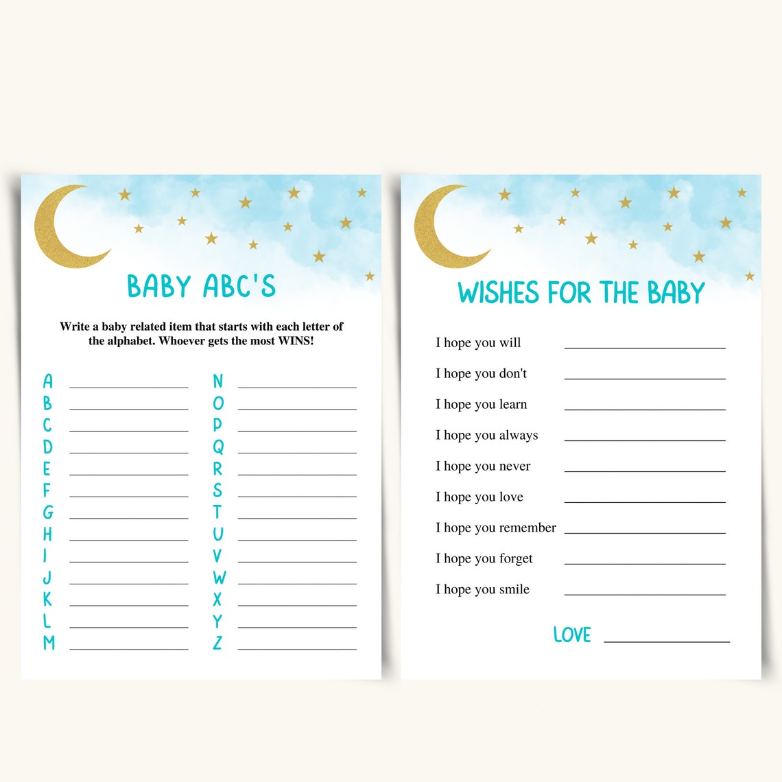 8 Printable Moon and Stars Baby Shower Games Blue Twinkle - Etsy