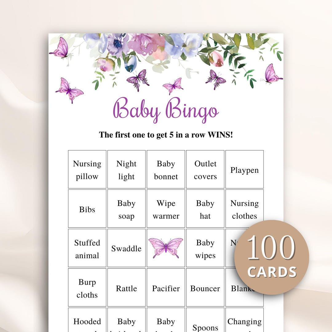 100 Printable Purple Butterfly Baby Shower Bingo Cards, Prefilled Baby ...