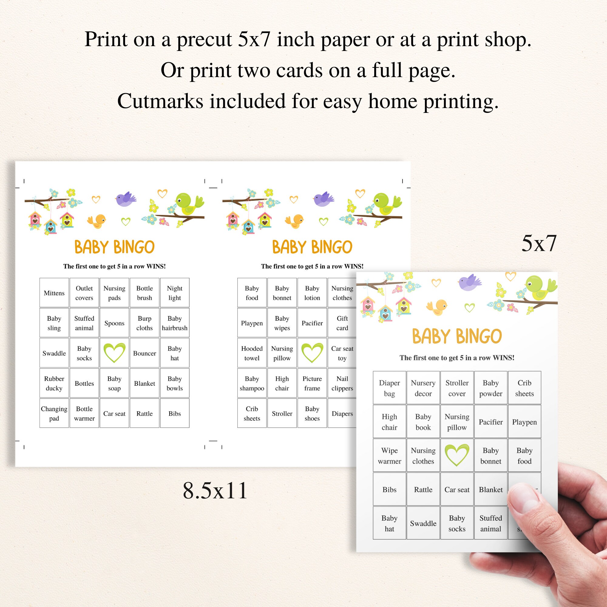 30 Printable Bird Baby Shower Bingo Cards 5x7'' Prefilled Baby Bingo ...