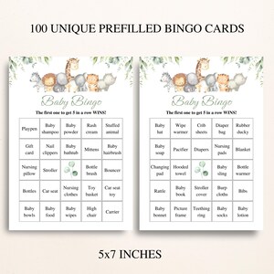 100 Printable Safari Baby Shower Bingo Cards, Prefilled Baby Gift Bingo ...
