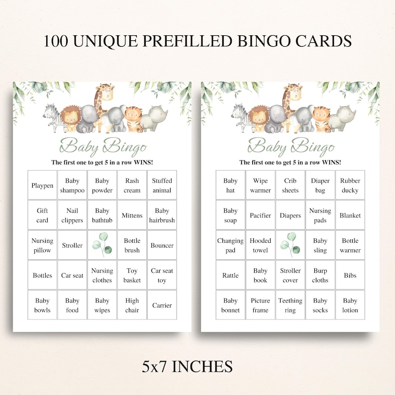 100 Printable Safari Baby Shower Bingo Cards, Prefilled Baby Gift Bingo ...