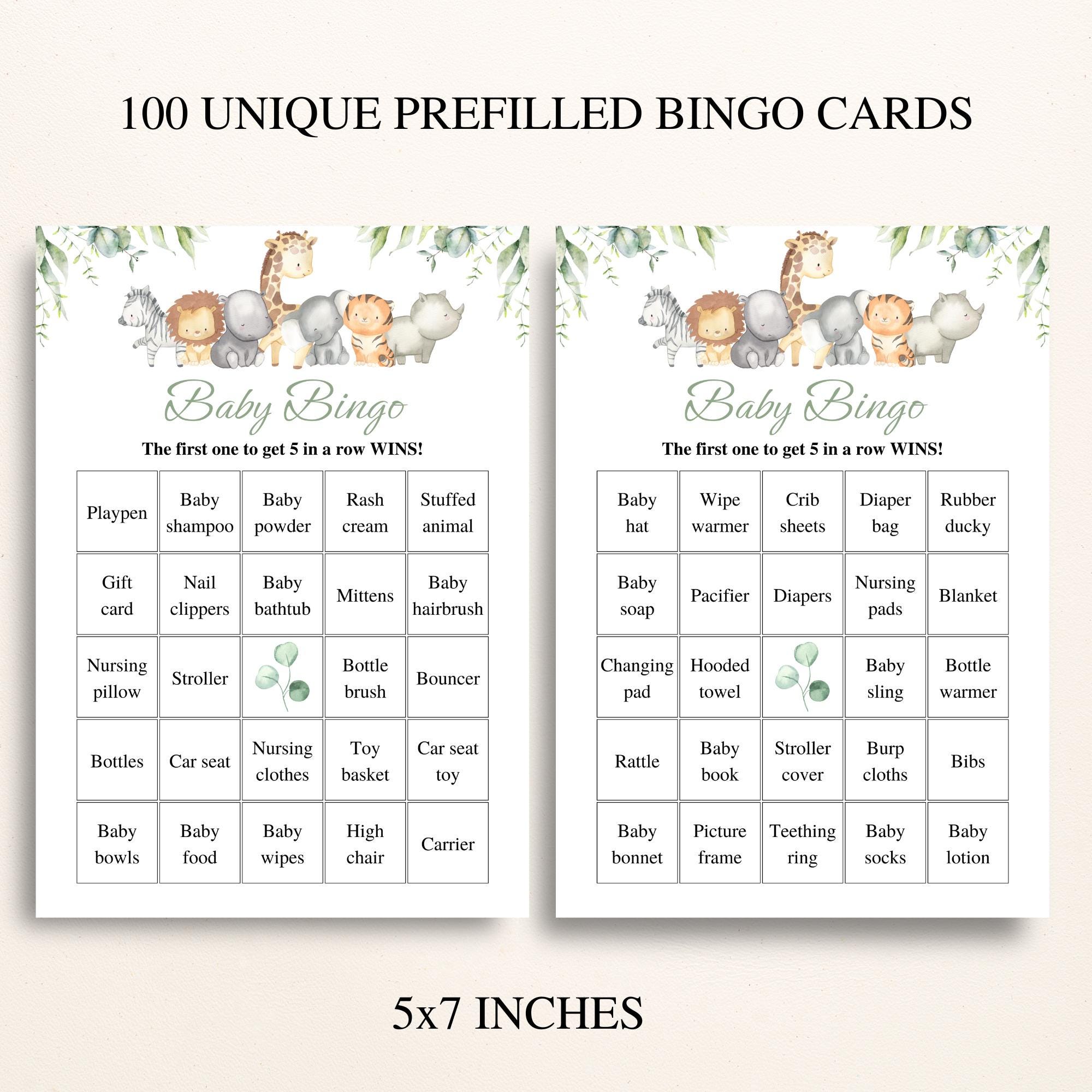 100 Printable Safari Baby Shower Bingo Cards, Prefilled Baby Gift Bingo ...