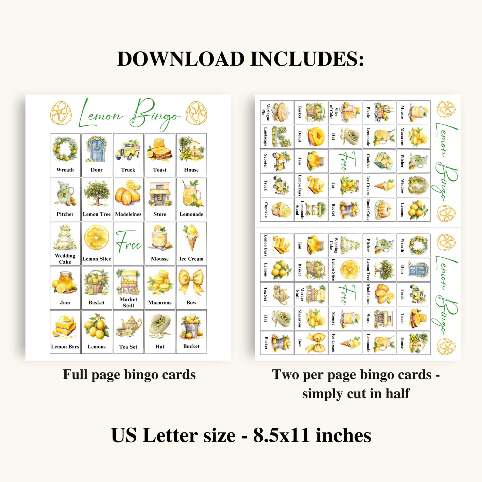 50 Printable Lemon Picture Bingo Cards, Lemon Baby Shower Games, Lemon ...