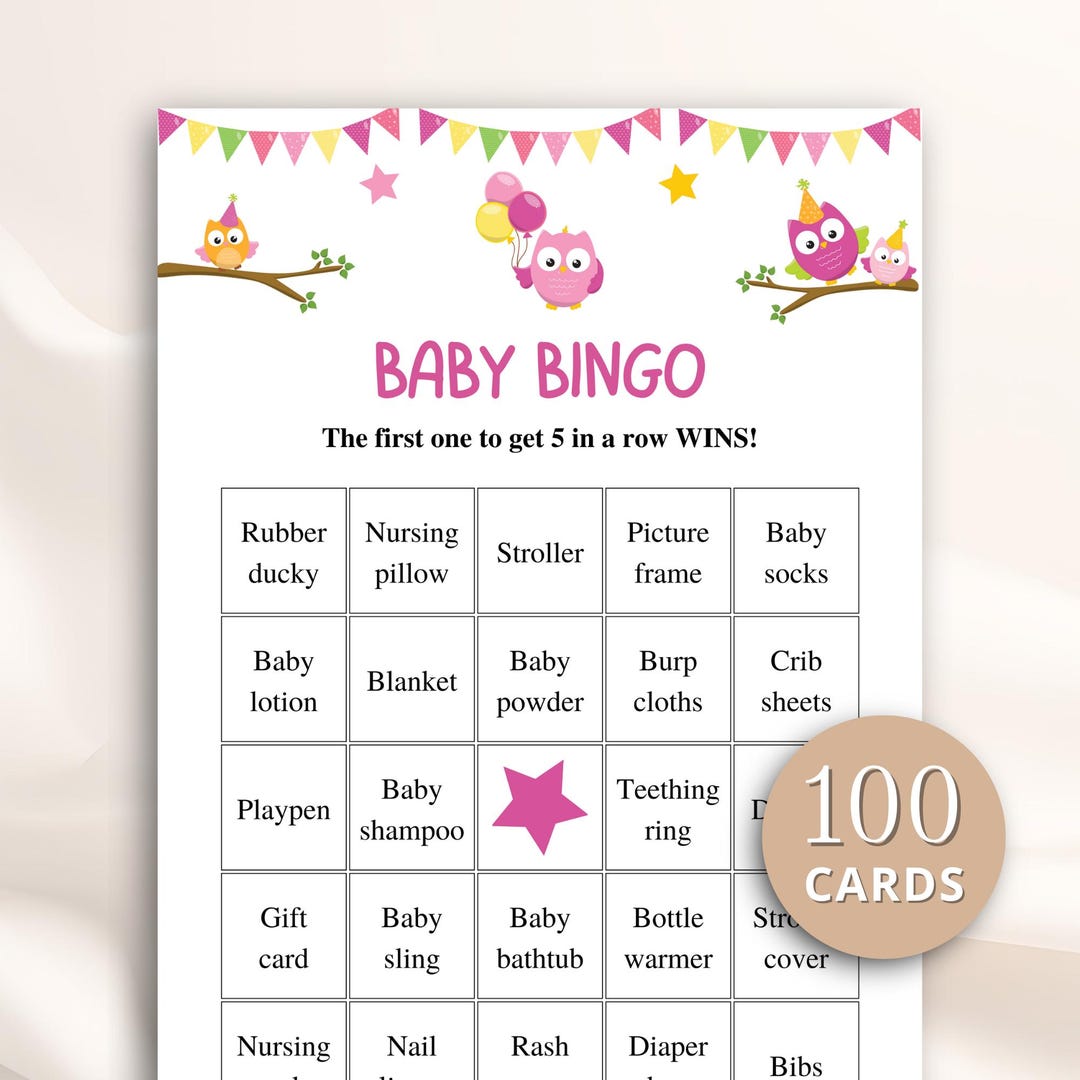 100 Printable Pink Owl Baby Shower Bingo Cards, Prefilled Baby Shower ...