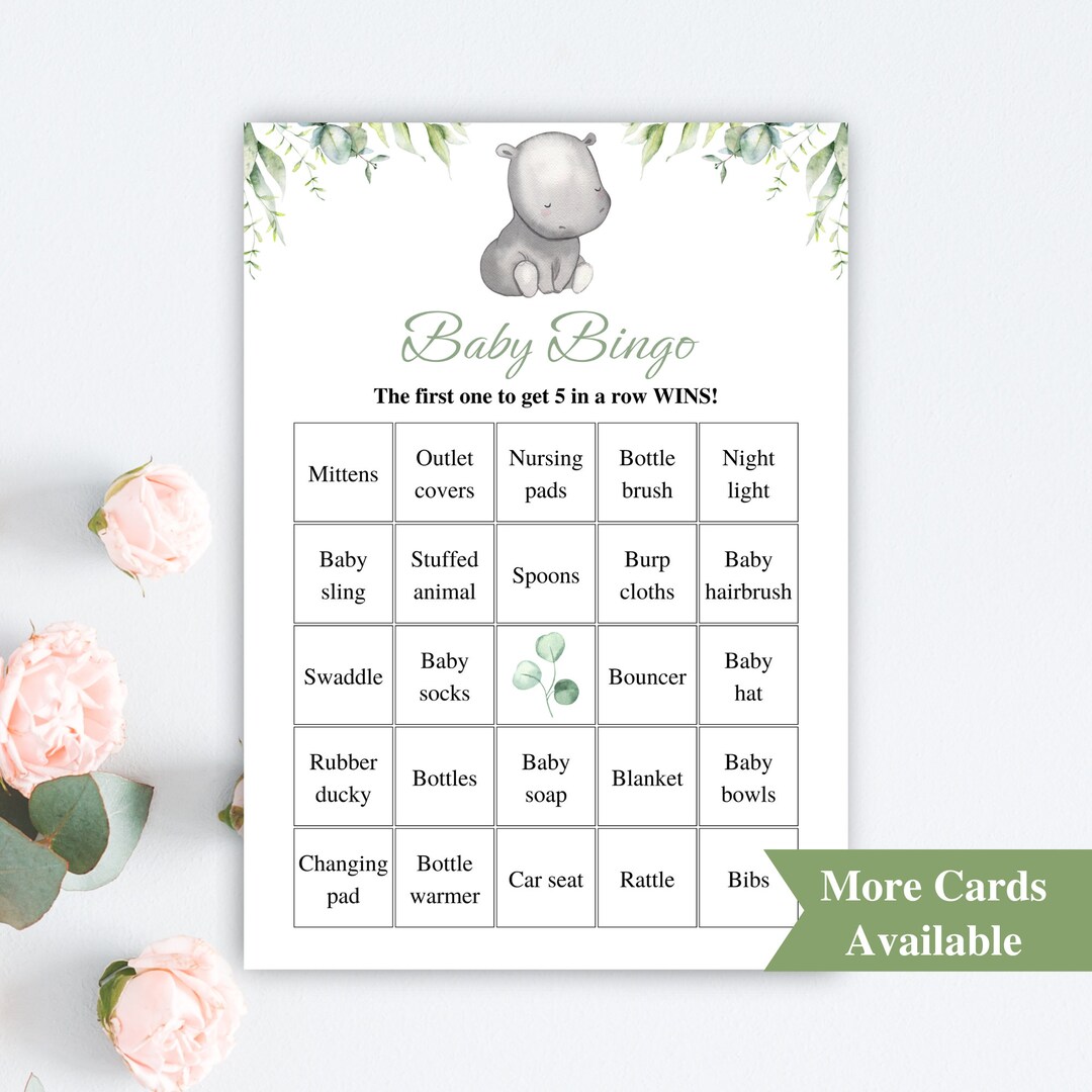 30 Printable Hippo Baby Shower Bingo Cards | 5x7'' Prefilled Baby Bingo ...