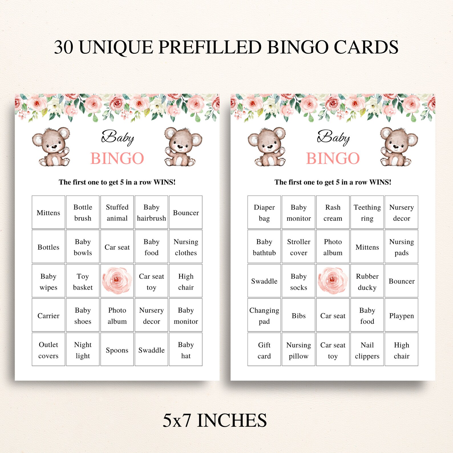 30 Printable Prefilled Baby Shower Bingo Cards Floral Twin Baby Shower ...