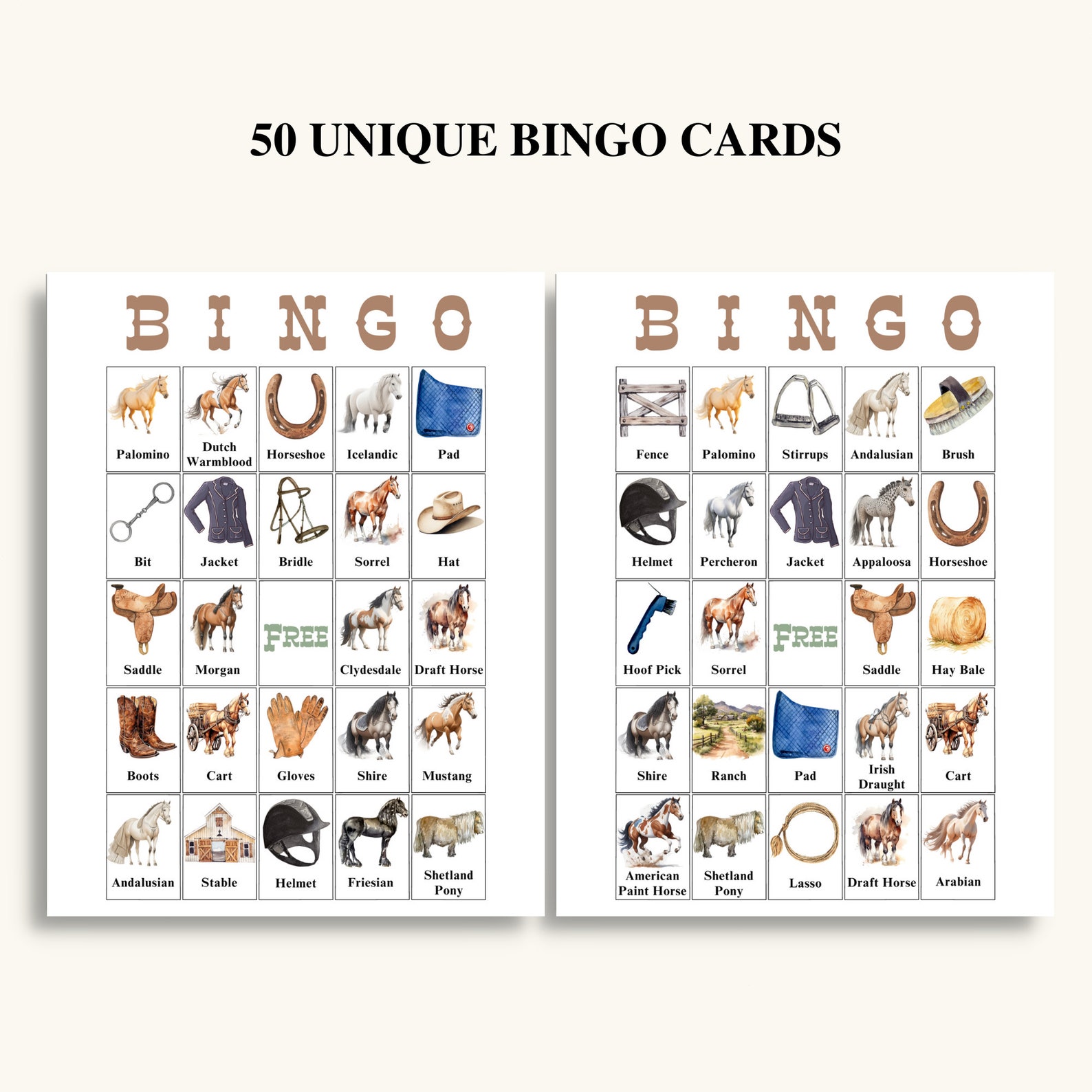 50 Printable Horse Picture Bingo Cards, Horse Themed Birthday Party ...