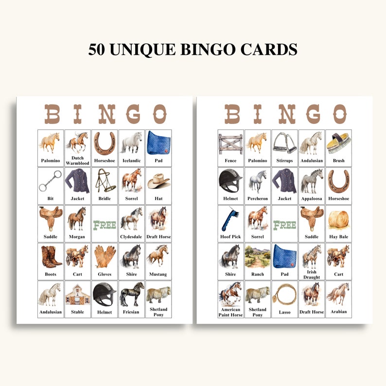50 Printable Horse Picture Bingo Cards: US Letter 8.5x11 DOWNLOAD - Etsy