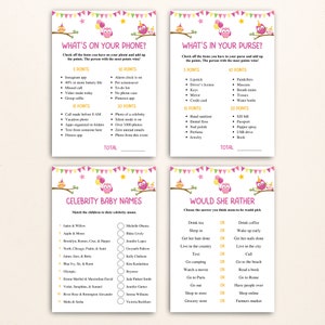 16 Printable Owl Baby Shower Games | Pink Owl Baby Shower Game Bundle ...