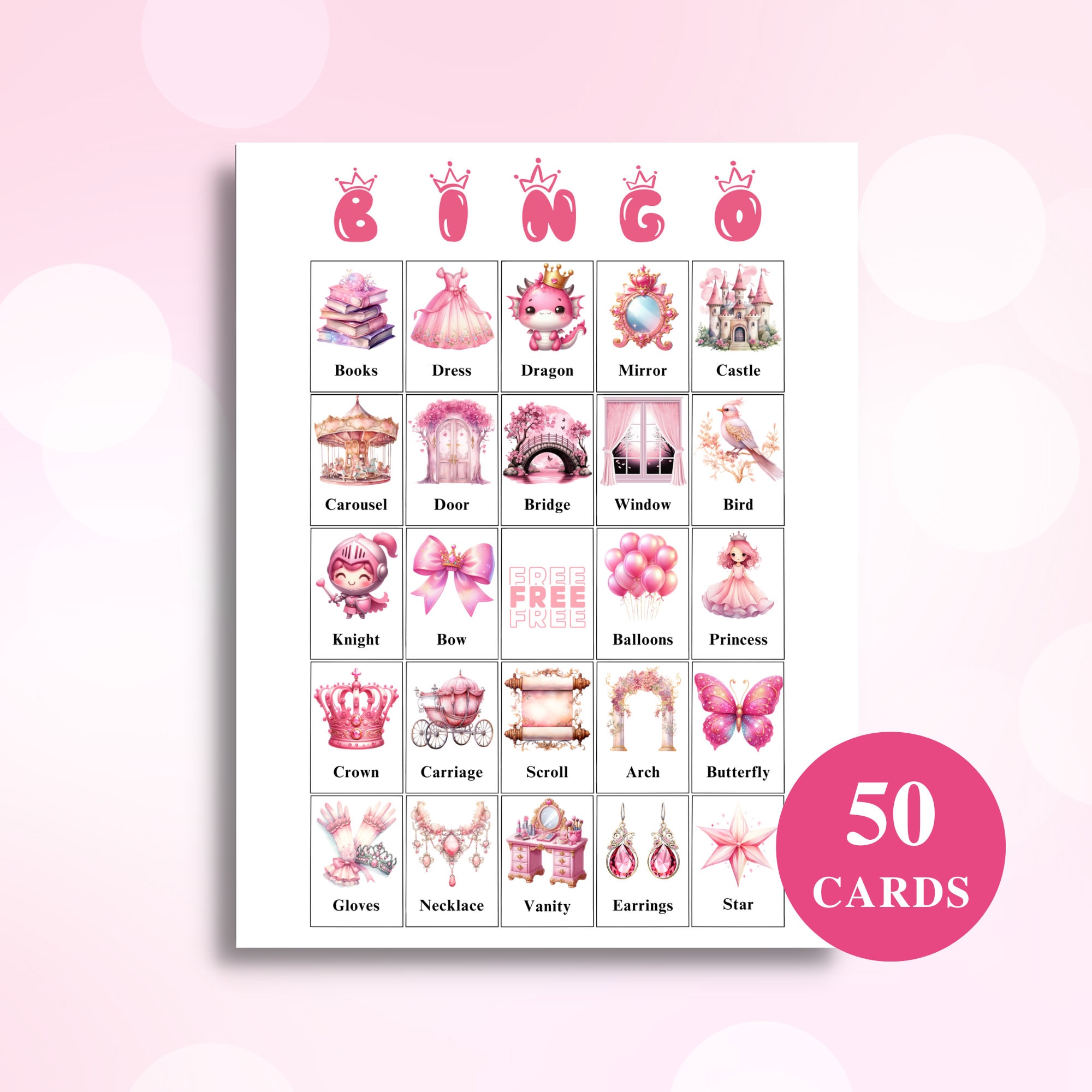 50 Printable Princess Bingo Cards, Princess Picture Bingo, Princess ...