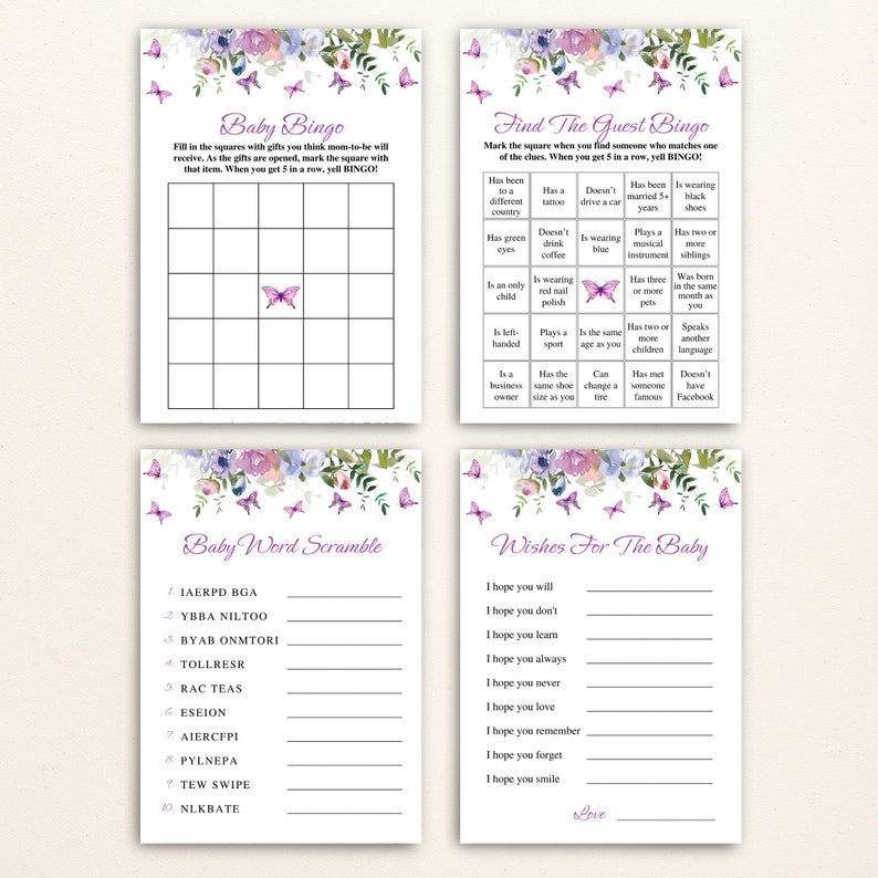 Printable Purple Butterfly Baby Shower Games: Garden Theme, 16 Game ...